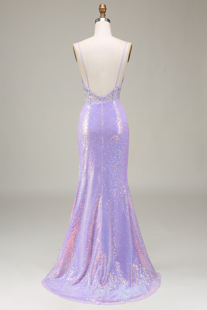 ZAPAKA Women Sparkly Light Purple Corset Prom Dress with Slit Mermaid ...