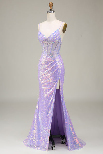 ZAPAKA Women Sparkly Light Purple Corset Prom Dress with Slit Mermaid ...