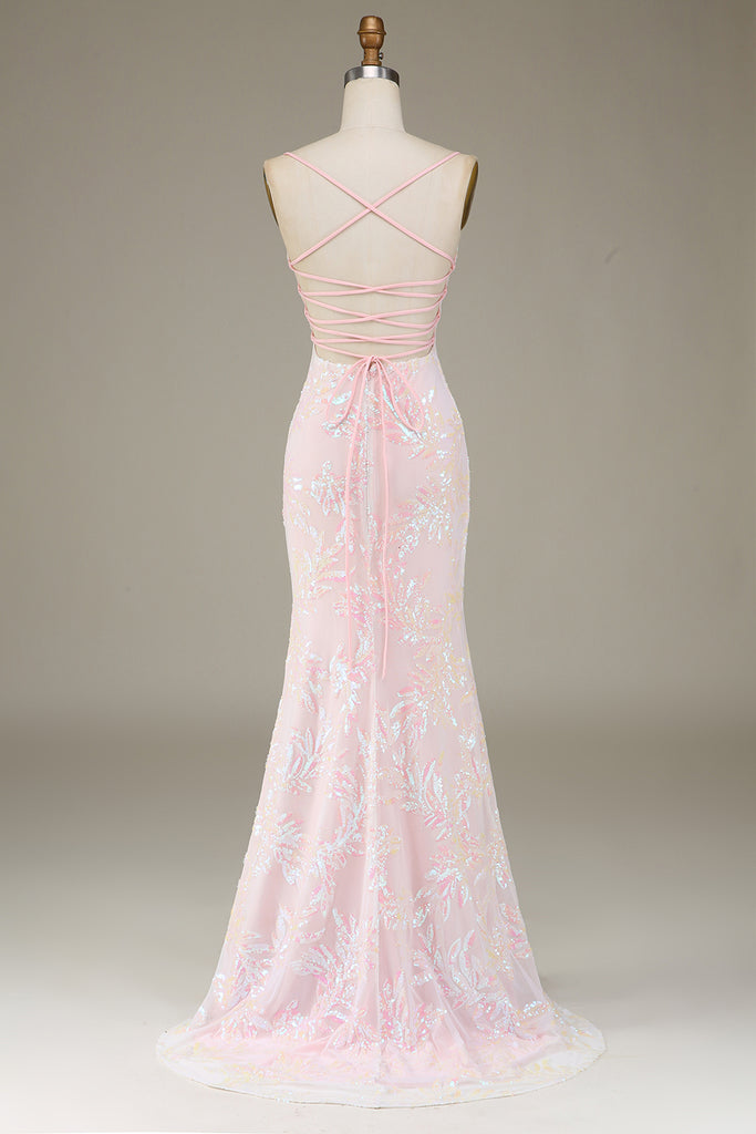 ZAPAKA Women Sparkly Pink Prom Dress with Slit Mermaid Lace-Up Back ...