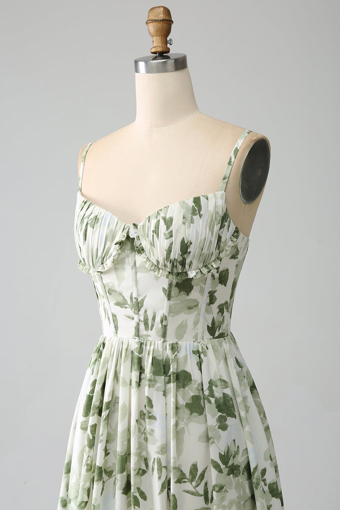 ZAPAKA Women Green Prom Dress A-Line Spaghetti Straps Printed Pleated ...