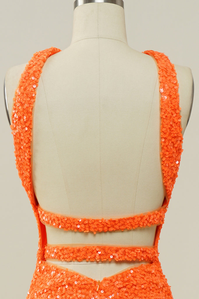 Zapaka Women Prom Dress Sequined Orange Halter Backless Mermaid Evening ...