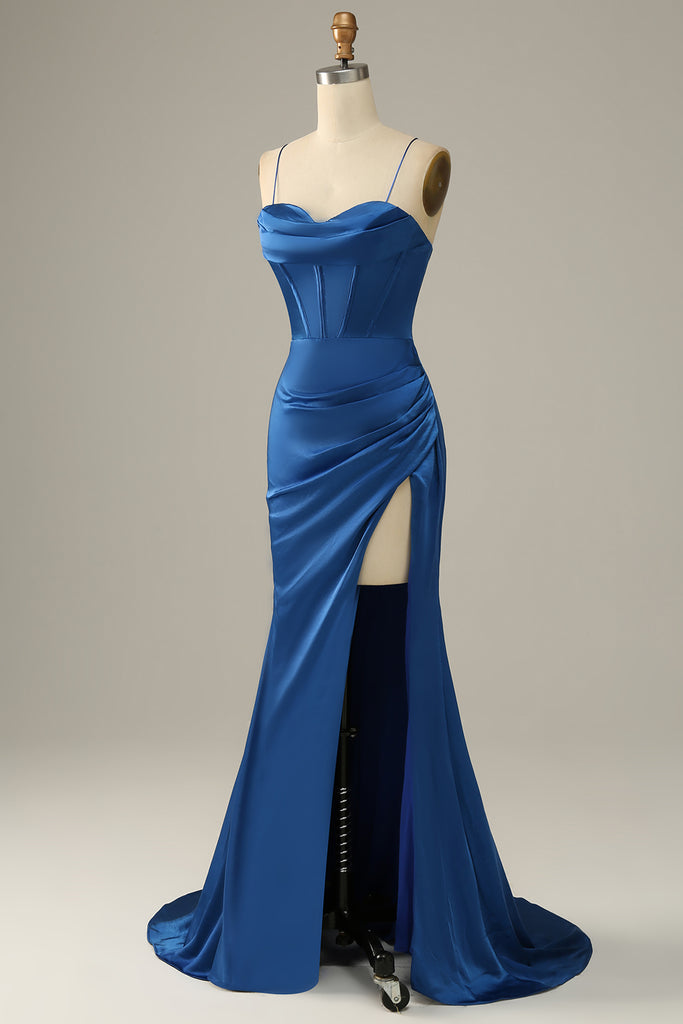 Zapaka Women Prom Dress Royal Blue Spaghetti Straps Mermaid Evening ...