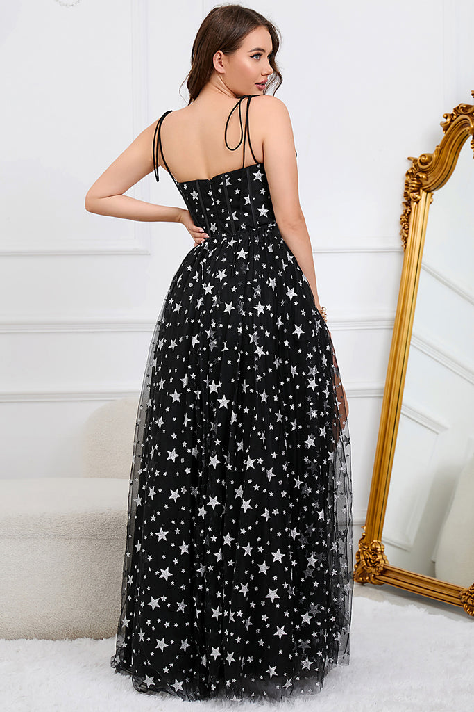 ZAPAKA Women Black Long Prom Dress with Stars Tulle A-Line Spaghetti ...