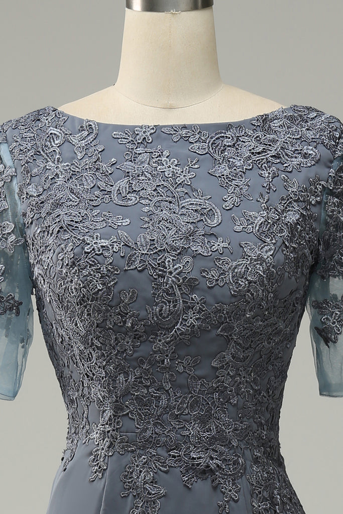 ZAPAKA Women Grey Mother of Bride Dress Satin Appliques Wedding Party Dress with Short Sleeves