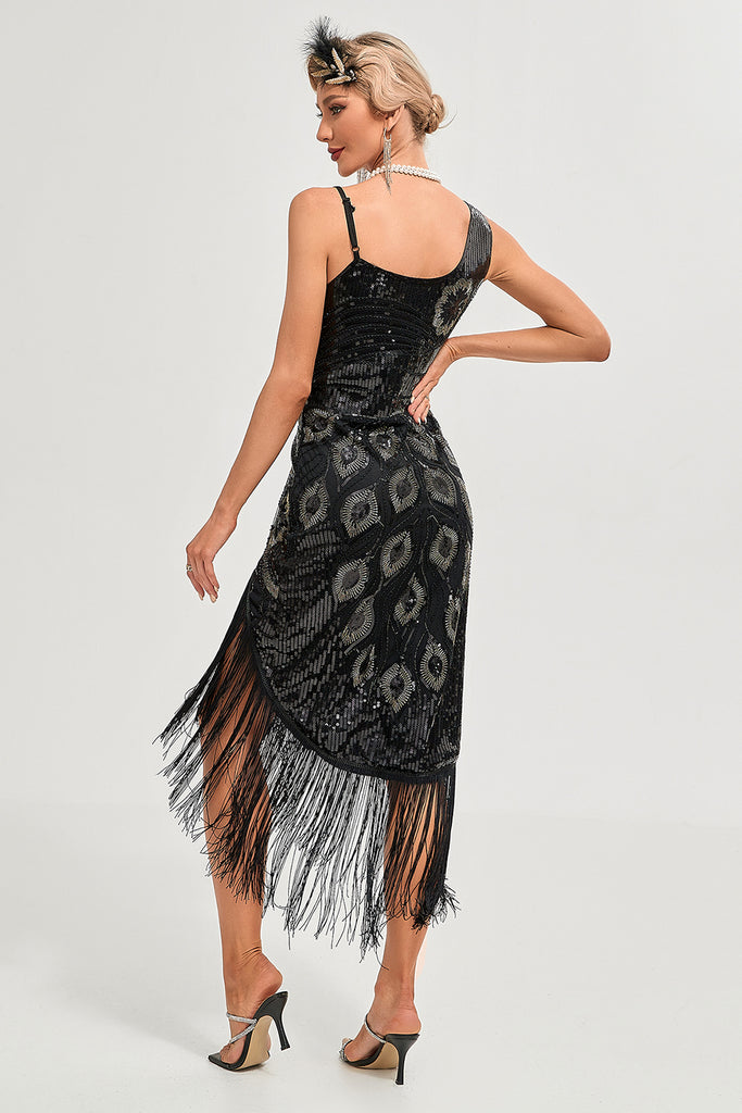 Zapaka Women Black Gatsby Fringed Flapper Dress Spaghetti Straps 1920s ...