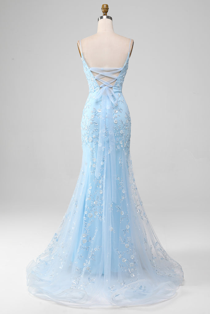 Zapaka Women Sparkly Light Blue Beaded Mermaid Long Prom Dress Spaghetti Straps Formal Dress ...