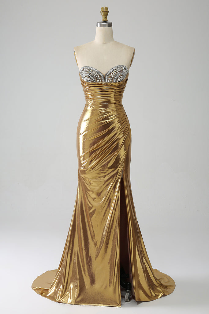Zapaka Women Golden Mermaid Metallic Prom Dress with Slit Ruched ...
