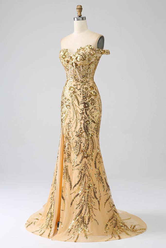 ZAPAKA Women Sparkly Golden Corset Prom Dress with Slit Mermaid Off The ...
