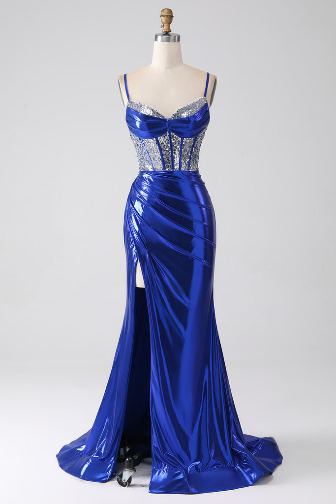 ZAPAKA Women Royal Blue Prom Dress Mermaid Sparkly Sequin Pleated Corset Evening Dress With High ...