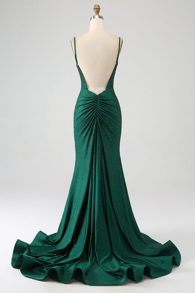 Zapaka Women Sparkly Dark Green Beaded Long Mermaid Prom Dress With