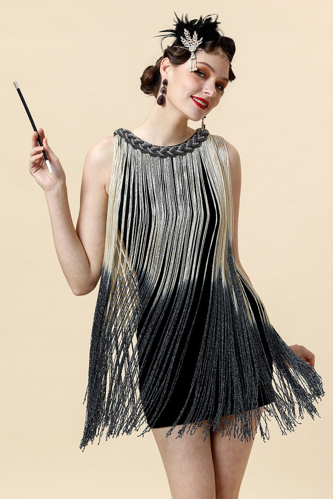 ZAPAKA Women Sleeveless Apricot Fringed Flapper Dress with 20s ...