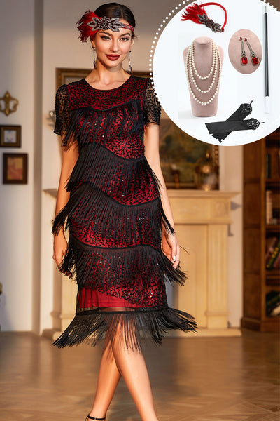Zapaka Women Sparkly Burgundy Sequined 1920s Flapper Dress with 20s ...