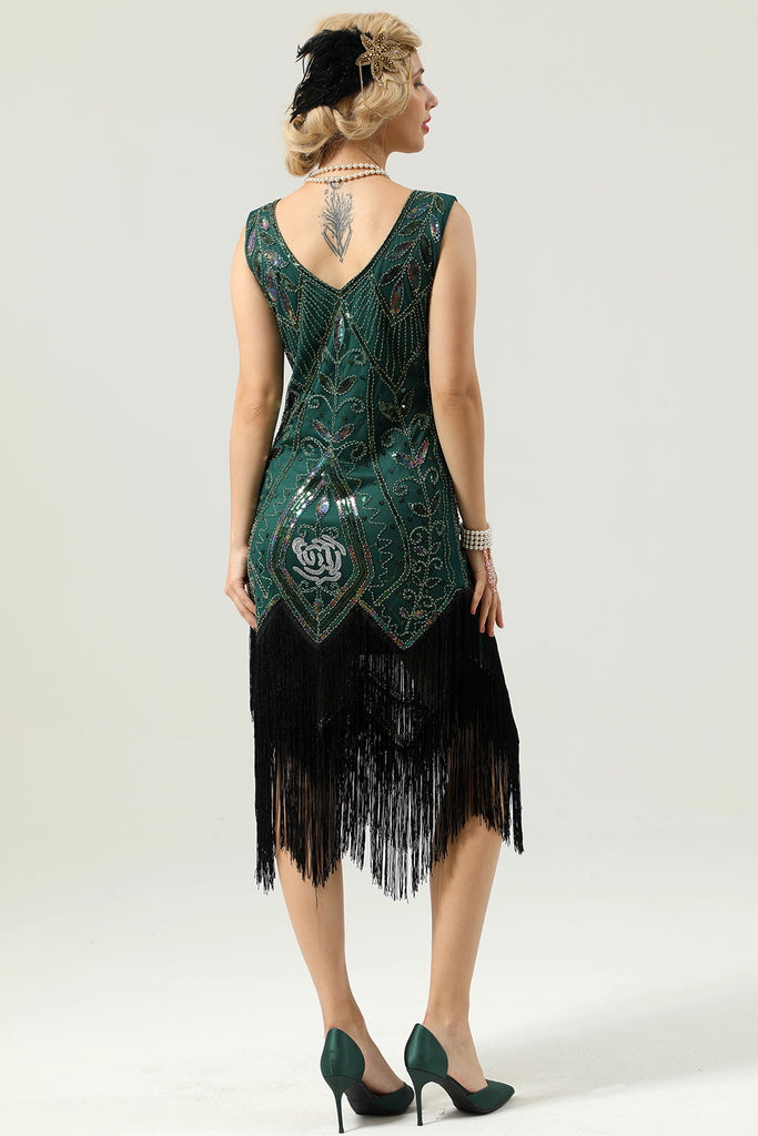 Zapaka Dark Green V Neck Sleeveless Sequins Beaded Glitter 1920s ...