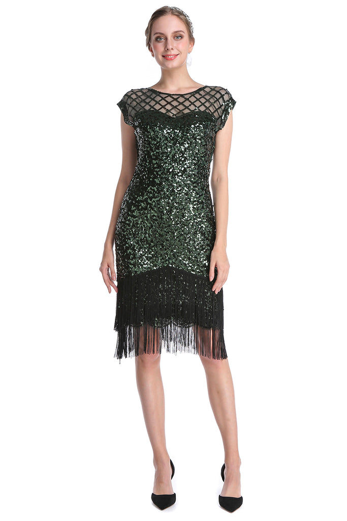 Dark Green Sequin 1920s Dress Boat Neck Fringe Flapper Dress – ZAPAKA