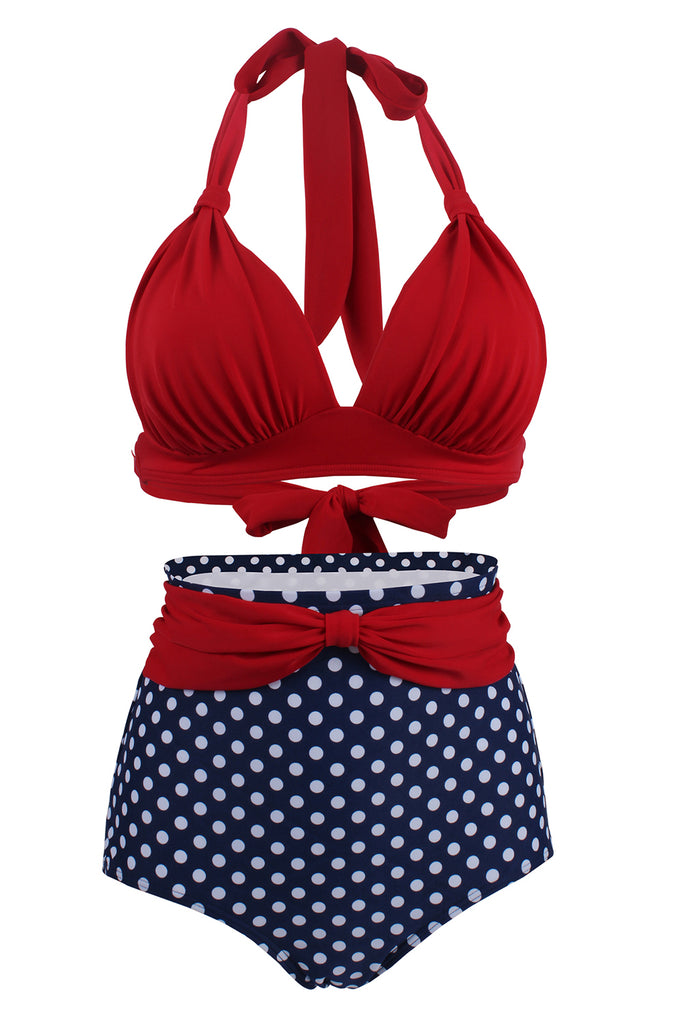ZAPAKA Women Vintage Swimsuit Red Two Piece Halter Polka Dots High ...