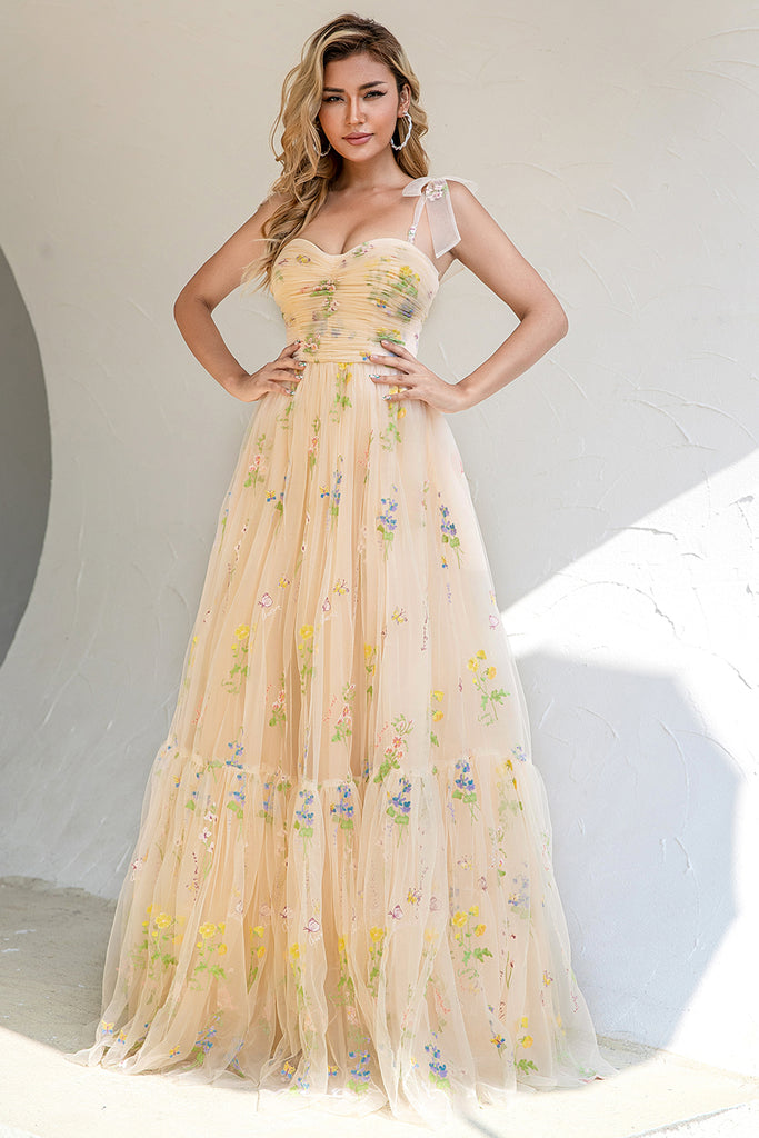 Zapaka Women Prom Dress Champagne A Line Spaghetti Straps Wedding Party