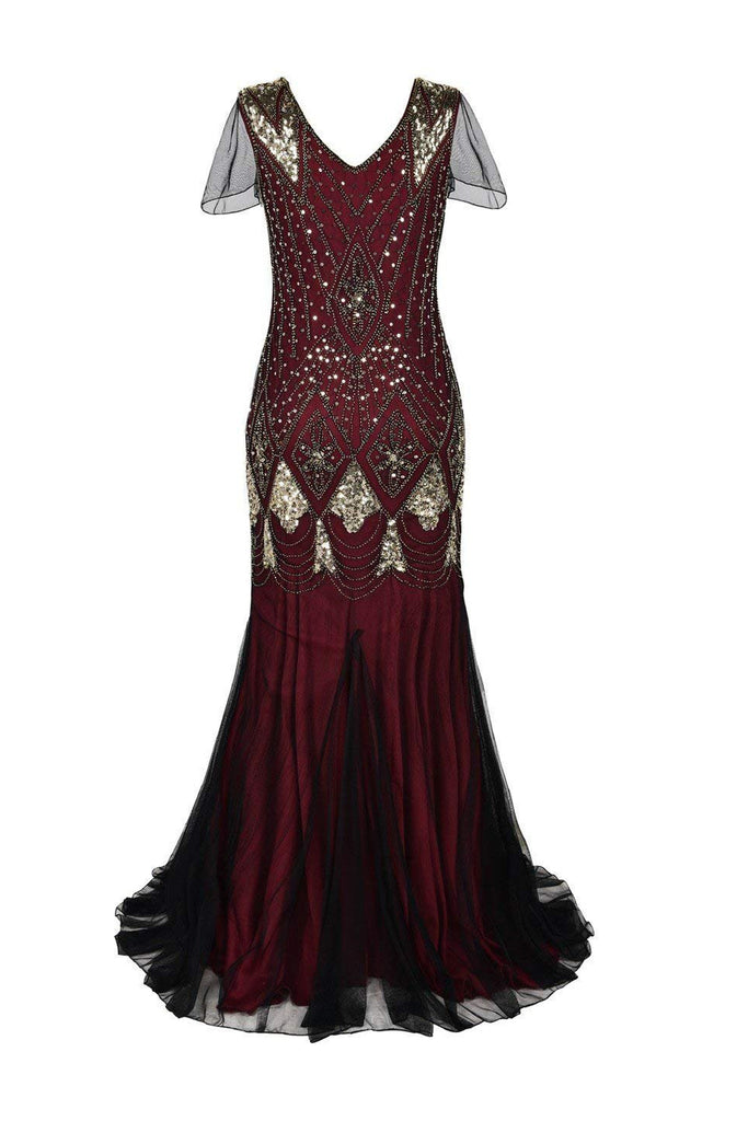 Zapaka Mermaid V-Neck Burgundy Sequins 1920s Gatsby Flapper Formal ...