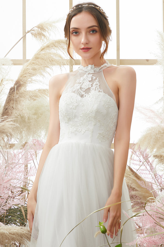 ZAPAKA White Halter Neck Sleeveless Floor Length Wedding Dress